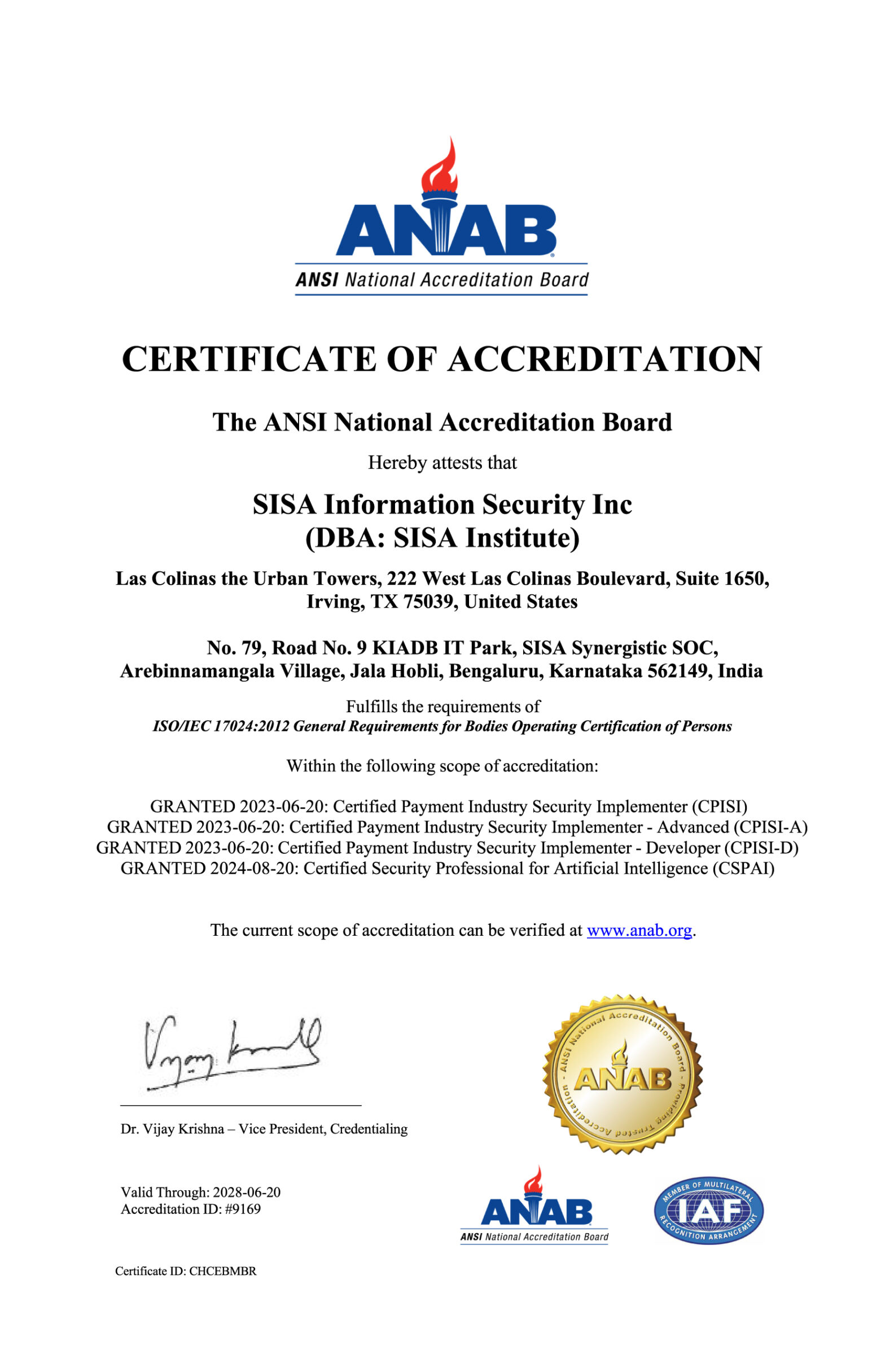 ANAB-accredited Payment Industry Security Certifications - SISA Institute